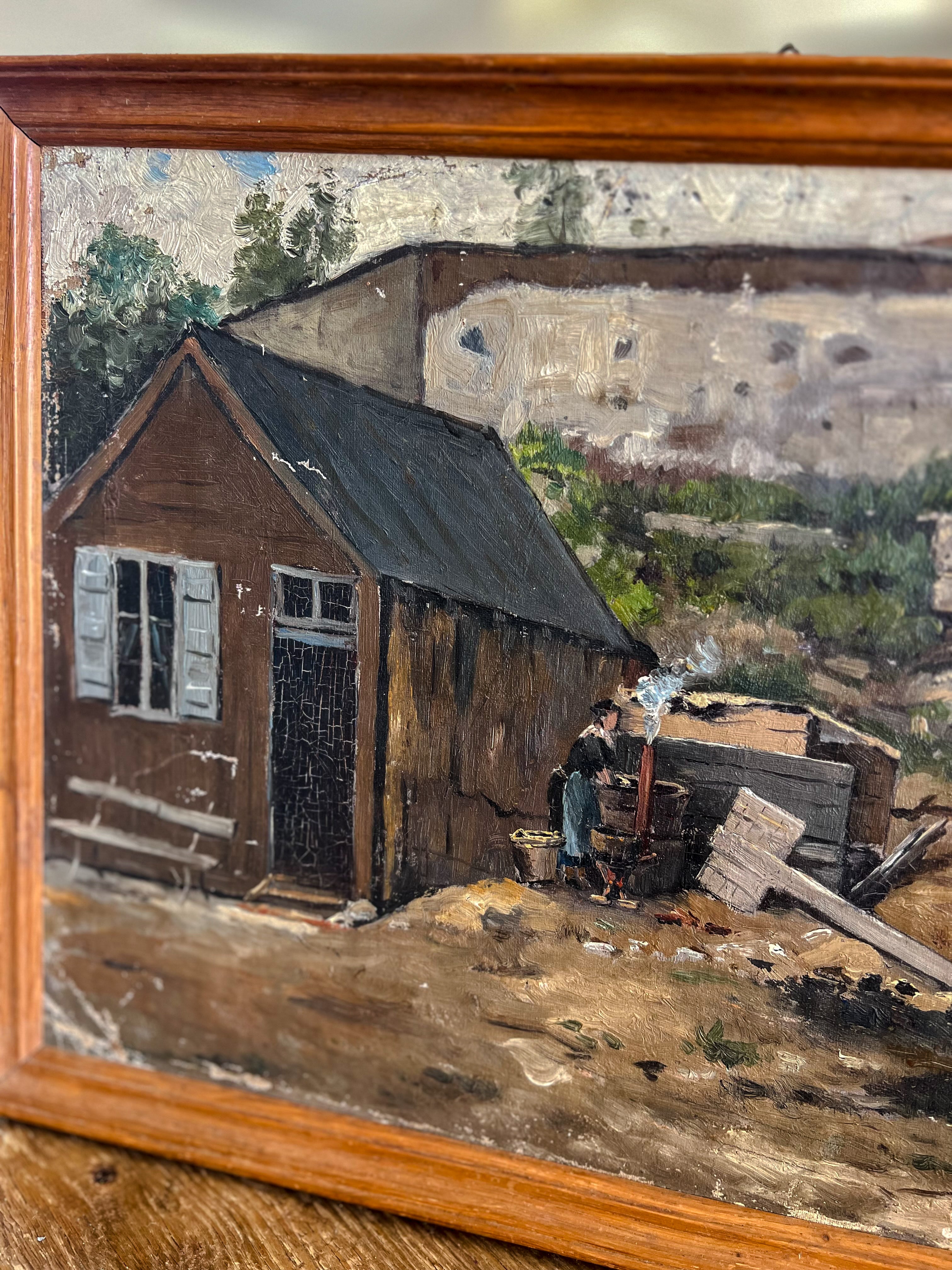 Framed French Oil Farm Scene – Lou and Dolly